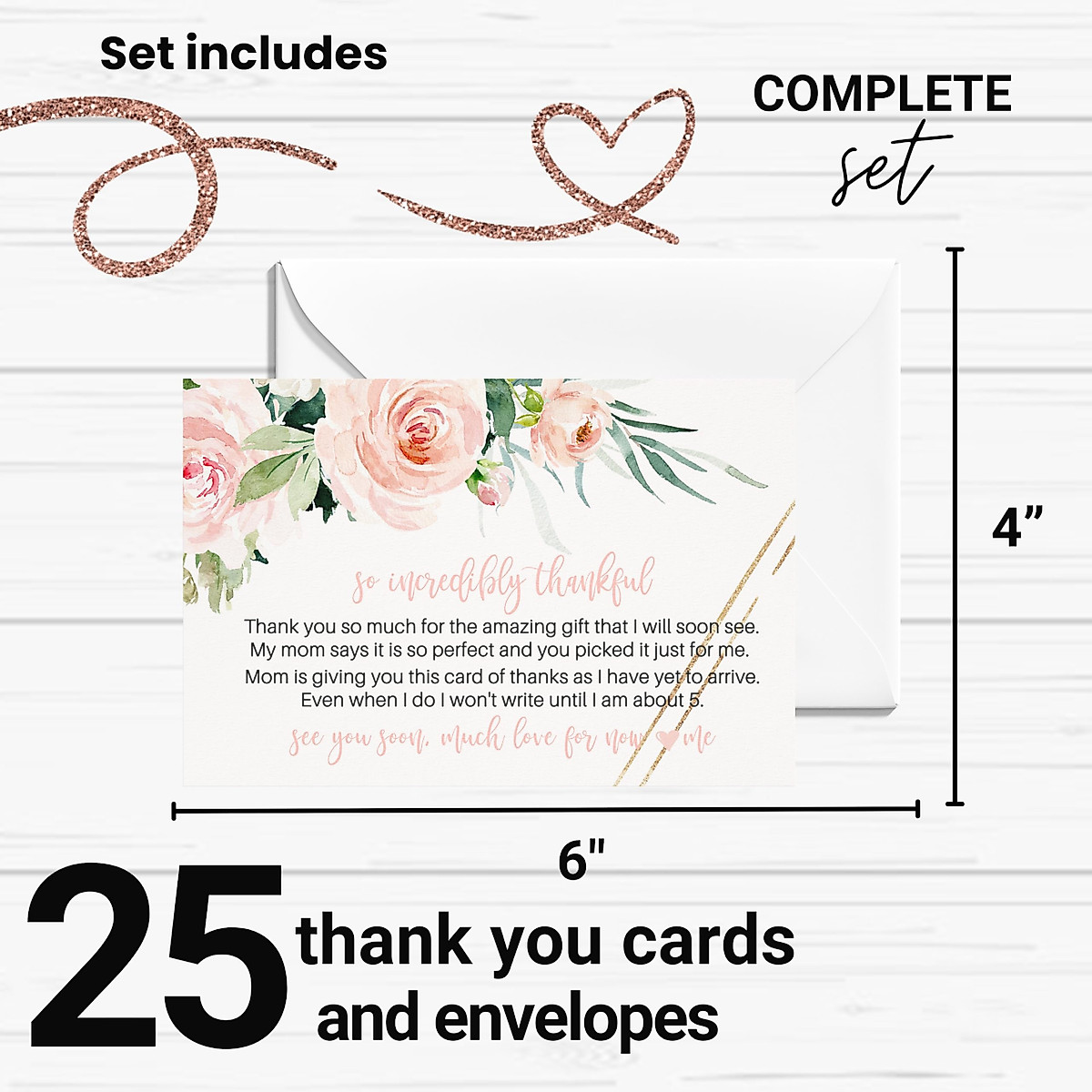 Paper Clever Party Graceful Floral Baby Shower Thank You Cards with Envelopes - 25 Pack - 4x6 Blank Notes with Prefilled Message from Baby Girl - Blush and Greenery Design