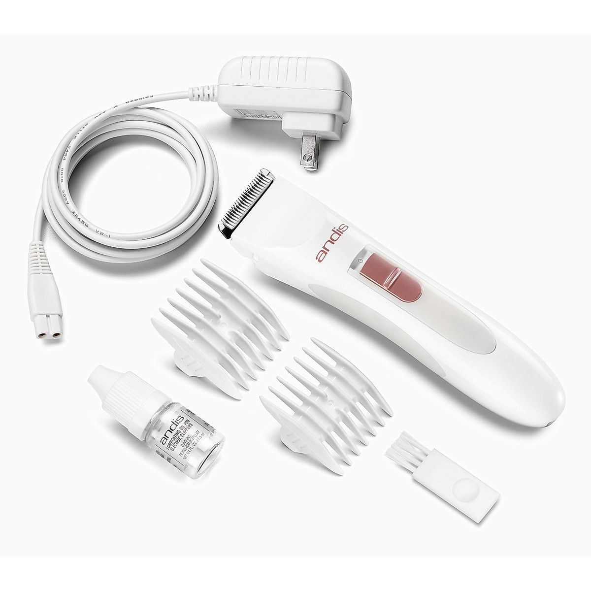Andis 24630 Women's Personal Electric Trimmer - Detachable Stainless-Steel Blade - for Legs, Underarms Hair Removal - Rechargeable Cordless Slim Design - 6-Piece Kit, White