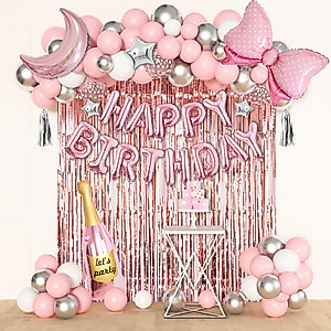 Ouddy Life Pink Happy Birthday Party Decorations for Women Girls, Pink Happy Birthday Love Crown Bow Bottle Lipstick Balloons Fringe Curtain for Princess Birthday Wedding Baby Shower Party Supplies