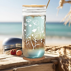 ANOTION Floral Coffee Cups, Mason Jars with Lids and Straws Glass Cups with Wildflower Bamboo Lid Iced Coffee Cups Tumbler Drinking Glasses Travel Coffee Mug Gift for Women Sister Mom