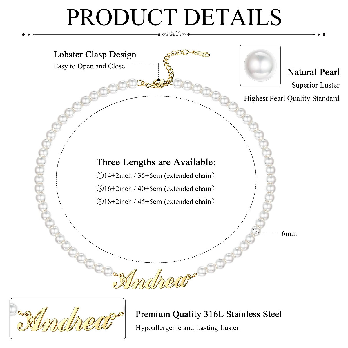 Jewenova Pearl Name Necklace Personalized 18K Gold Plated Nameplate Pearl Choker Necklace Customized Jewelry for Women