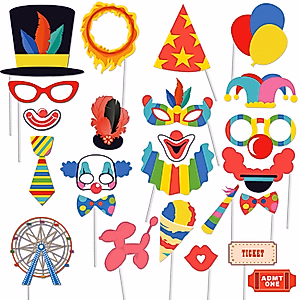 Circus Carnival Birthday Photo Booth Props Kit(24Pcs) Circus Carnival Party Favors for Birthday Bachelorette Baby Shower Party Dress-up Acessories with Wood Sticks