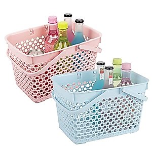Anyoifax 2 Pack Portable Shower Caddy Tote, Plastic Storage Basket with Handle Bath Organizer Bin for Bathroom, Pantry, Kitchen, College Dorm, Set of 2, Blue & Pink