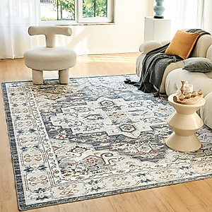 OIGAE Washable Rug 8x10, Vintage Medallion Area Rugs with Non-Slip Backing, Non-Shedding Floor Mat Throw Carpet for Living Room Bedroom Kitchen Laundry Home Office, Light Grey
