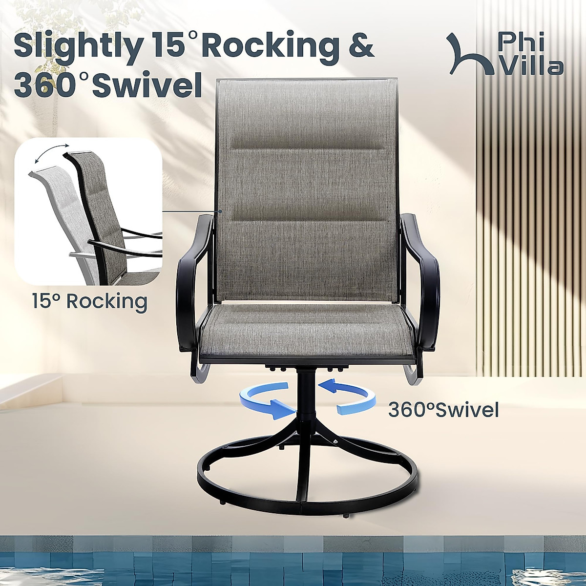 PHI VILLA Swivel Outdoor Chairs Set of 4, All Weather Mesh Fabric Patio Dining Chair with Padded Textilene & E-Coating Metal Frame for Deck Lawn Garden