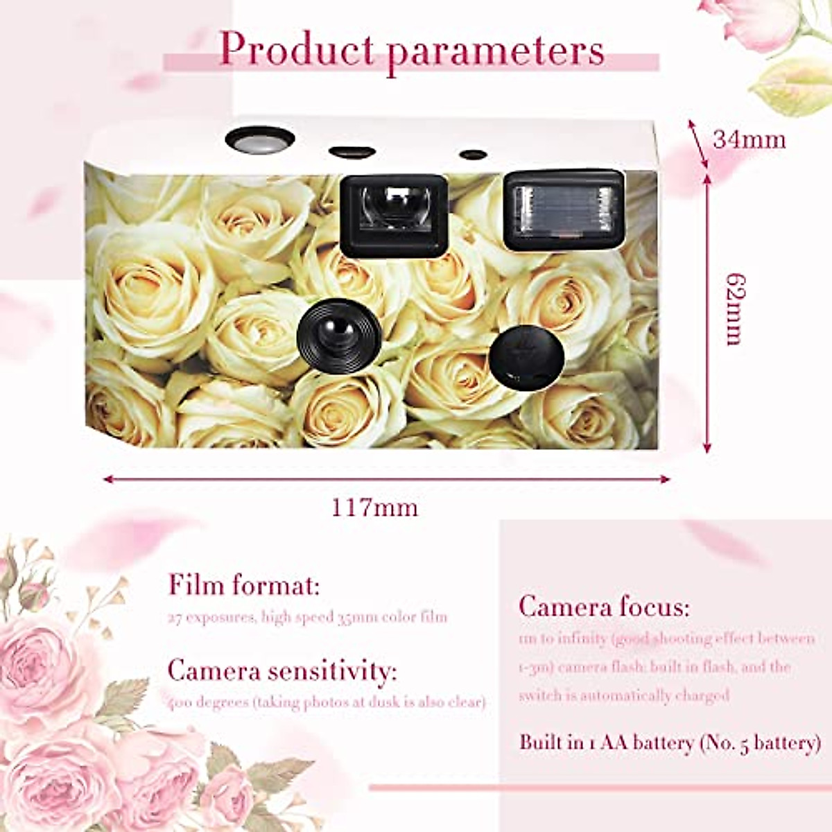 12 Pack Disposable Camera for Wedding Single Use Film Camera with Flash for Wedding, Anniversary, Travel, Camp, Party Supply (Yellow Rose)