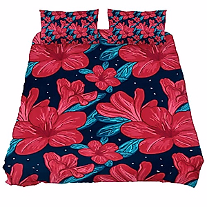 DragonBtu Red Flowers 3 Piece with 2 Pillow Shams Comfortable Print Bedding Set Soft Comforter Cover Set for Women Girl