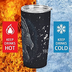 BEOIIBIRD Custom Aries Zodiac Tumbler Gifts, 20oz Glaze Stainless Steel with Lid and Straw Personalized with Text Bottles Insulated Coffee Mug, Beverage Cup for Teen Women Men Office Car Travel