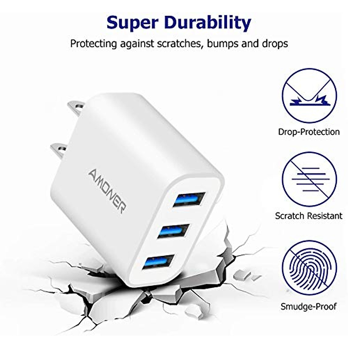 USB Wall Charger, Amoner 2Pack 15W 3-Port USB Plug Cube USB Cube Power Adapter for iPhone 14/13/12/11/Pro/ProMax/Xs/XR/X/8, Galaxy S22 S21 and More