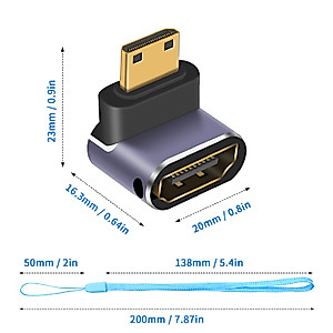 Duttek 8K 90 Degree Mini HDMI to HDMI Adapter, UHD HDMI to Mini HDMI Adapter, Up Angled Mini HDMI Male to HDMI Female Adapter Support 8K@60Hz, 4K@144Hz, 2K@240Hz for Camera, Camcorder 2 Pack
