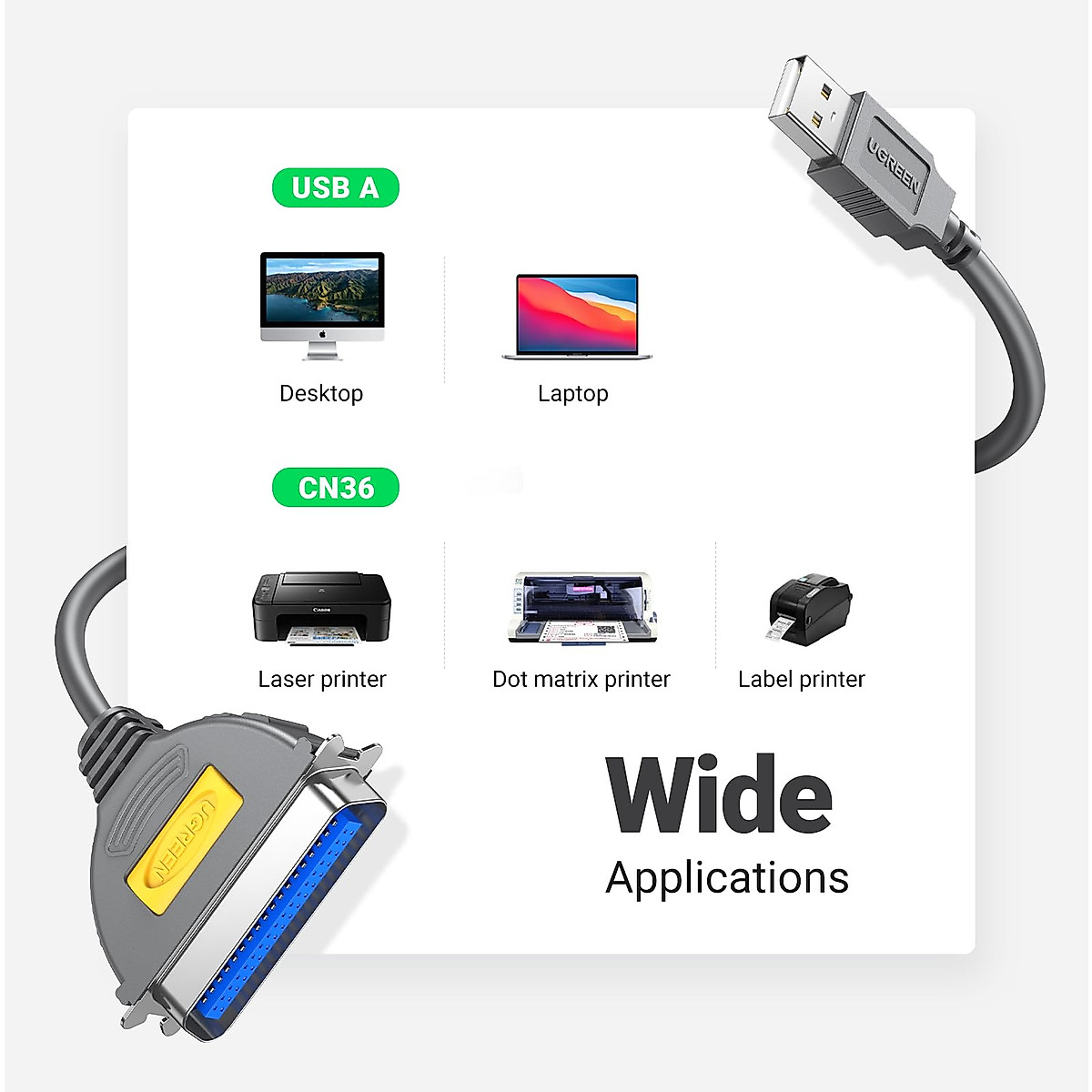 UGREEN 10FT USB to Parallel Port Printer Cable, CN36 Printer Cable Adapter IEEE1284 for Old Printer, Centronics Parallel Converter with Fast Transmission