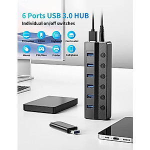 6-Port USB 3.0 Hub, LURMMUE USB Splitter for Laptop with Individual On/Off Switches and Light, 3ft Long Cord, USB Port Hub Extension for PC and Computer