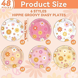 ojustbeok 48pcs Groovy Daisy Party Supplies Hippie Paper Plates Daisy Party Decorations Retro Daisy Plates Tableware Hippie Boho Flower Dessert Plates for Birthday Bridal Baby Shower Party Favor