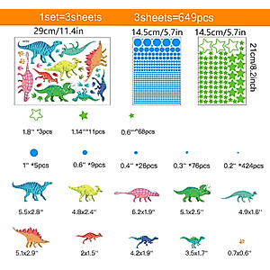 Glow in The Dark Dinosaur Wall Decals - 652Pcs Dinosaur Wall Stickers for Boys Room,Kids Wall Decor Stars for Baby Nursery Boys Bedroom Ceiling (Green Dinosaur)