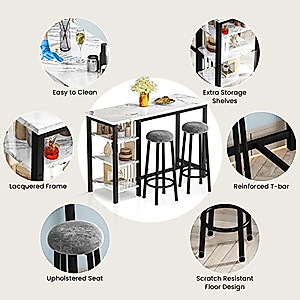 AWQM Bar Table Set with Storage Shelves, 47" Modern White Faux Marble Breakfast Table with 2 Velvet Stools, 3-Piece Dining Set for 2, Space Saving Table for Kitchen/Dinning Room/Living Room/Studio