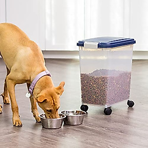 IRIS USA 25 Lbs / 33 Qt WeatherPro Airtight Pet Food Storage Container with Attachable Casters, For Dog Cat Bird and Other Pet Food Storage Bin, Keep Fresh, Translucent Body, Easy Mobility, Navy