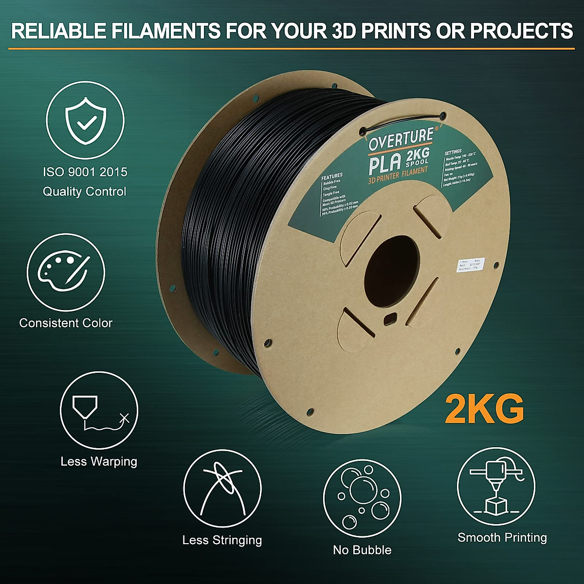 OVERTURE PLA Filament 1.75mm PLA 3D Printer Filament, 2kg Cardboard Spool (4.4lbs), Dimensional Accuracy +/- 0.02mm, Fit Most FDM Printer(Black 2KG-1 Pack)