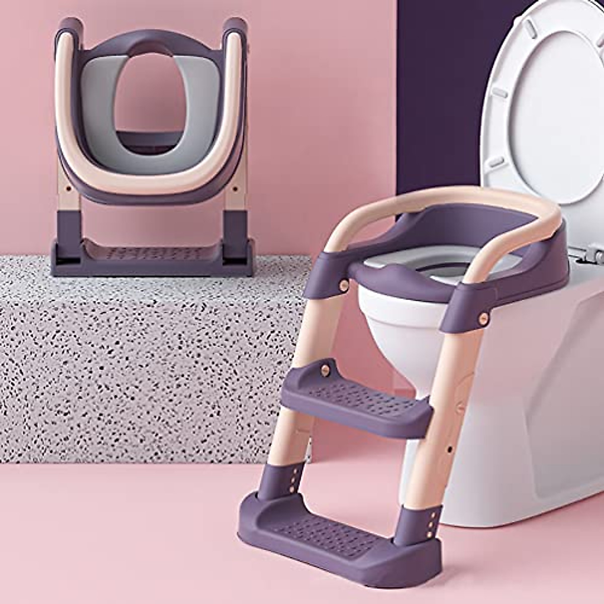 TOWRITE Foldable Toilet Training Potty Seat Chair Toddlers Toilet with Step Stool Ladder and Handles Safe Non-Slip Step PU Cushion for Boys Girls (Pink)