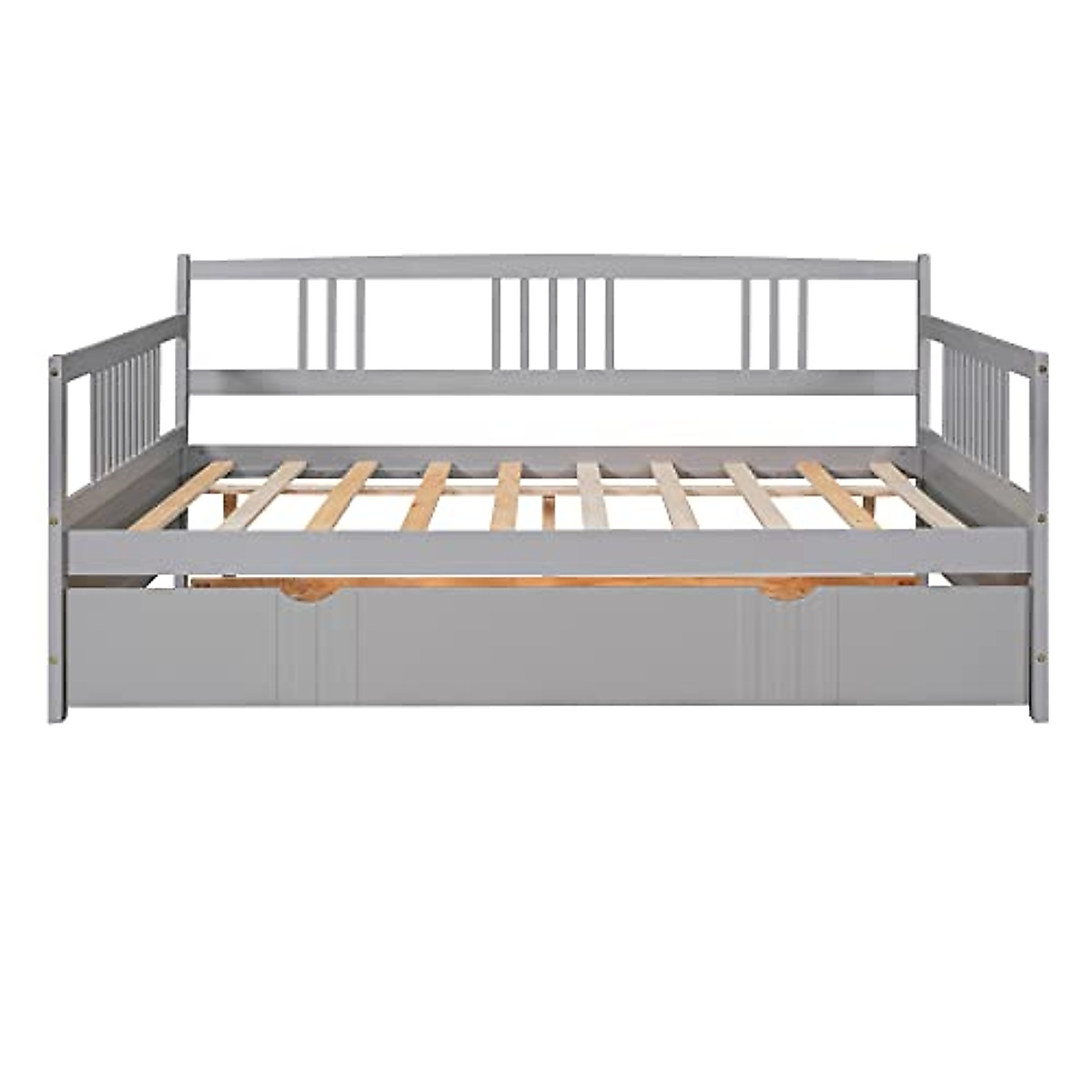 Merax Full Size Daybed Wood Bedframe with Twin Size Trundle and Guardrail for Girs and Boys Bedroom