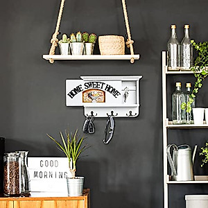 HRONRAD Farmhouse Key Holder for Wall Decorative, Home Sweet Home Decor, 3 Double Metal Key Hooks and 4 Hidden Push & Pull Cover Key Hangers, Rustic Wooden Wall Mounted Key Racks for Entryway (White)