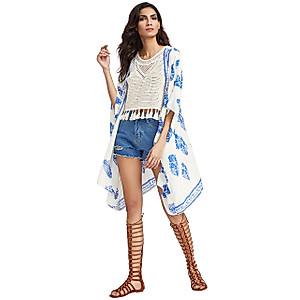 SweatyRocks Women Kimono Vintage Floral Beach Cover Up Blue White X-Large