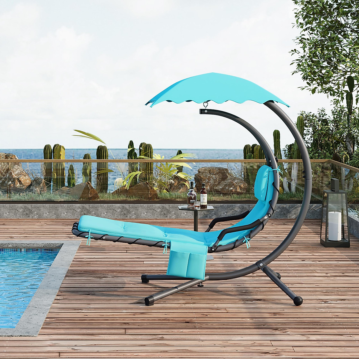 Yaheetech Outdoor Hanging Chaise Lounge Chair Hammock Chair w/Built-in Pillow and Removable Canopy for Patio Backyard Deck Garden - Teal