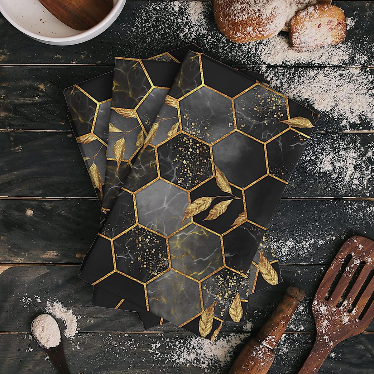 PIEPLE Marble Kitchen Towels - 2 Pack Microfiber Absorbent Dish Towels for Kitchen, Black Gold Grey Grid Irregular Comb Plaid Geometric Farmhouse Kitchen Hand Towels/Tea Towels/Bar Towels 18"x28"