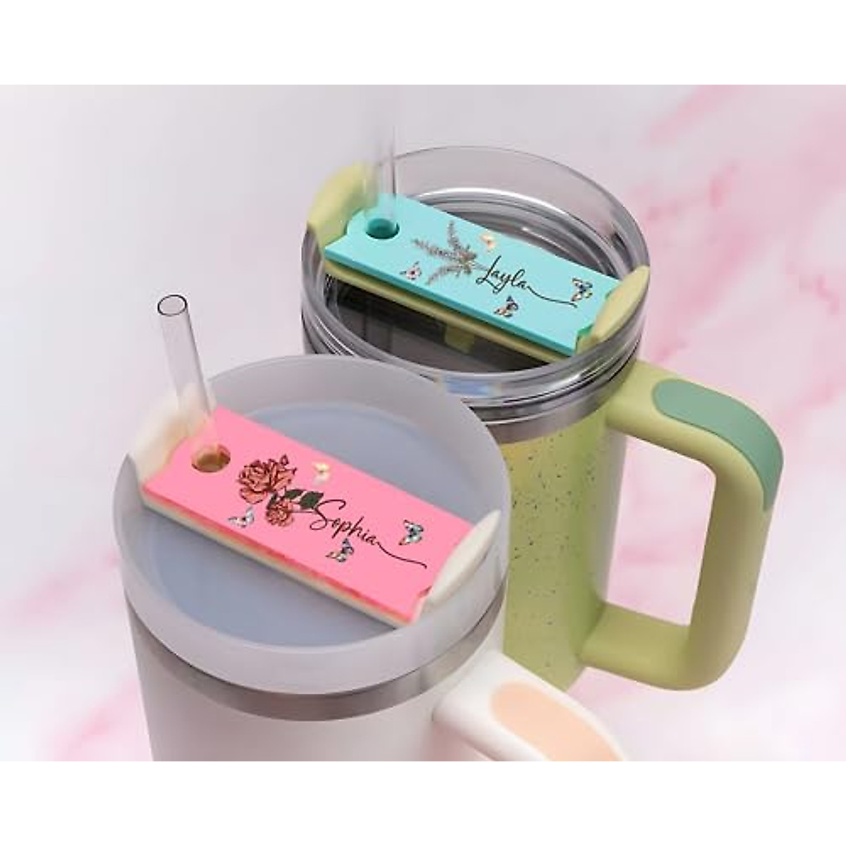 Personalized Birth Flower Tumbler Topper, 40 30 64 oz Personalized Tumbler Topper Tumbler Cup Accessory Name Plate