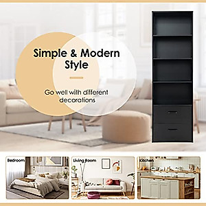JIMUOO 74’’ Tall Bookshelf with Drawers, 4 Shelf Bookcase with Storage Cabinet, 4 Tier Wooden Book Display Shelf Storage Organizer for Bedroom Office Home Living Room