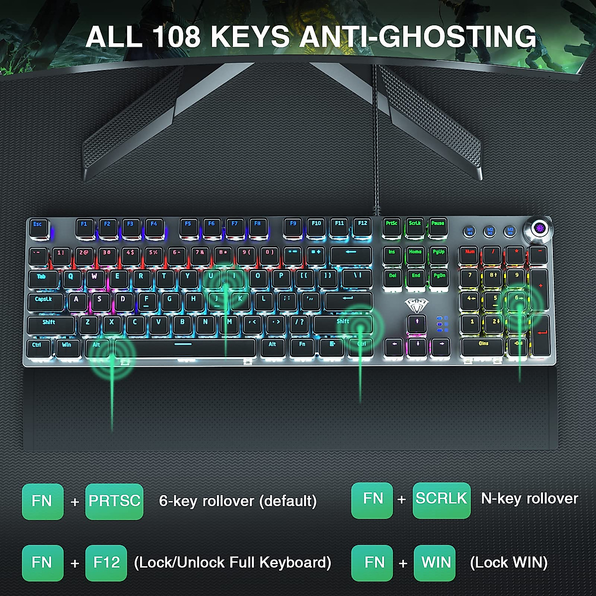 AULA F2088 Mechanical Gaming Keyboard, Tactile Brown Switches, LED Rainbow Backlit, Volume Controls, Removable Wrist Rest, Unique Cool Square Keycaps, Full Size Wired Keyboard for Windows/Mac/PC