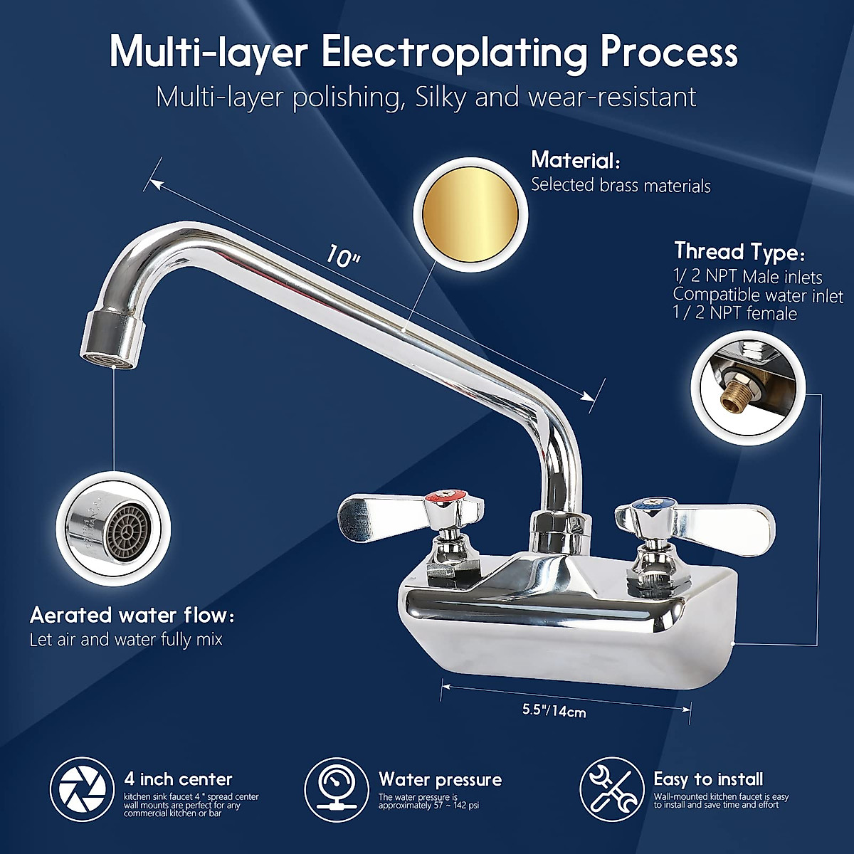 4 Inch Center Commercial Sink Faucet Wall Mount Kitchen Hand Sink Faucet, 1/2" NPT Male Inlet, Brass Constructed & Chrome Polished, with 10" Swivel Spout & Dual Lever Handles