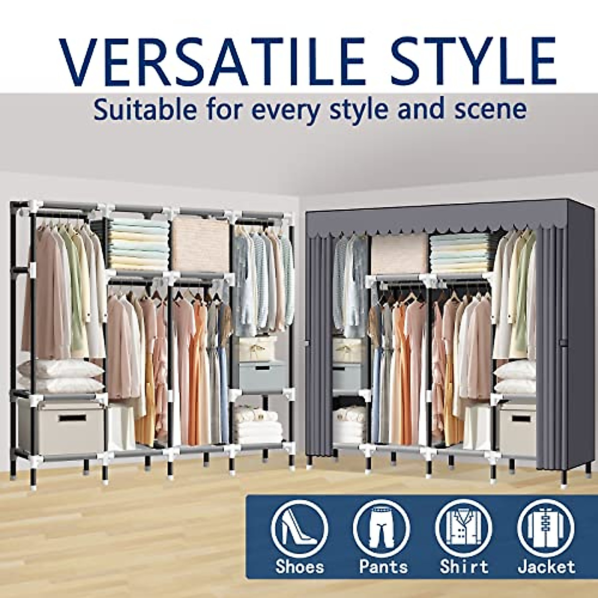 LOKEME Portable Closet, 67 Inch Wardrobe Closet for Hanging Clothes with 4 Hanging Rods, 25mm Steel Tube Clothes Storage Organizer for Extra Sturdy, Quick and Easy to Assembly, Gray Cover