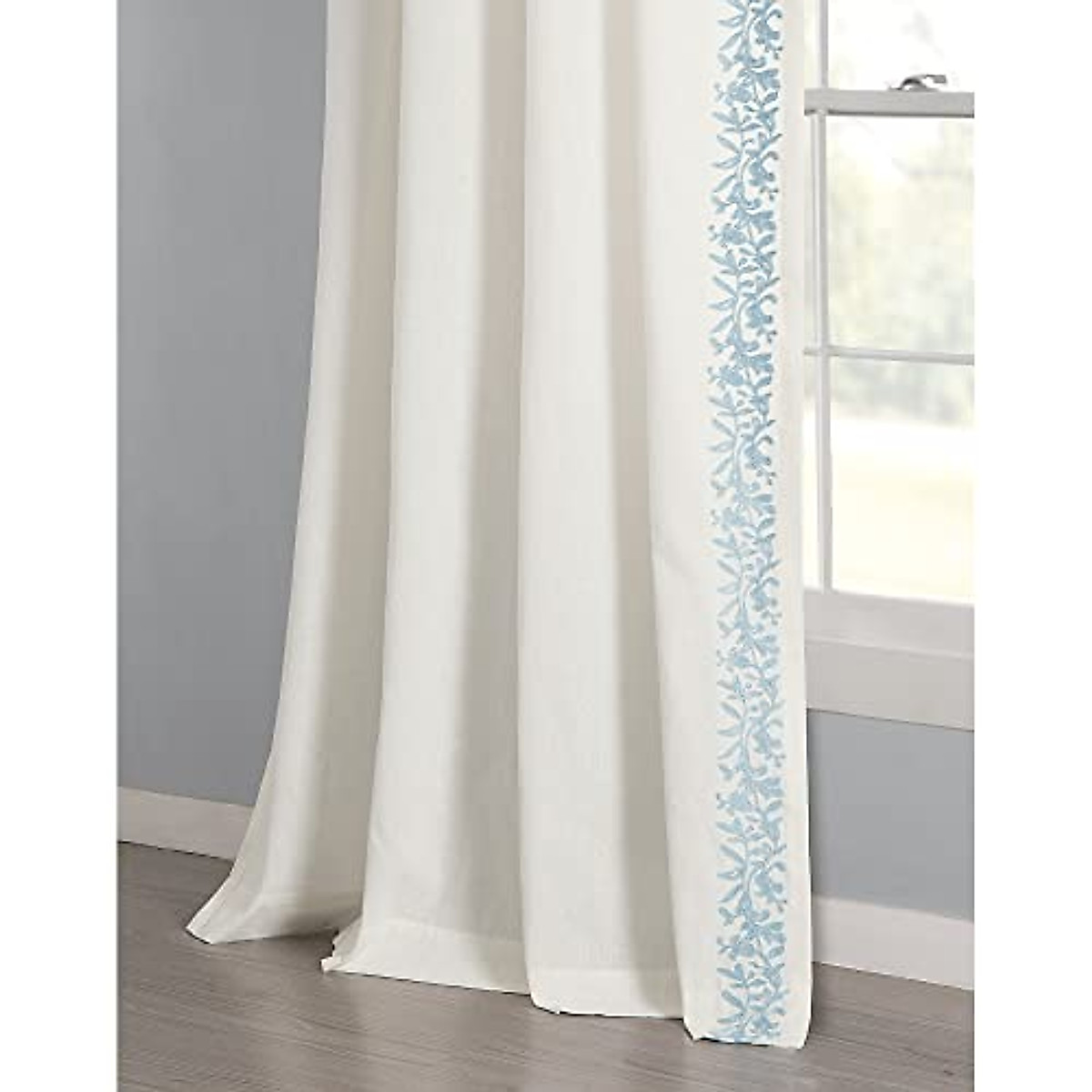 Lush Decor Luxury Modern Flower Linen Like Embroidery Border Window Curtain Panel (Single Panel), 84" L x 52" W, Off-White & Blue
