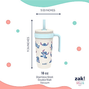 Zak Designs Disney Fairway Travel Tumbler for On the Go or At Home, 18oz Stainless Steel with Vacuum Insulation, Spillproof Silicone Straw, and Carry Handle for Cold Drinks (Stitch)