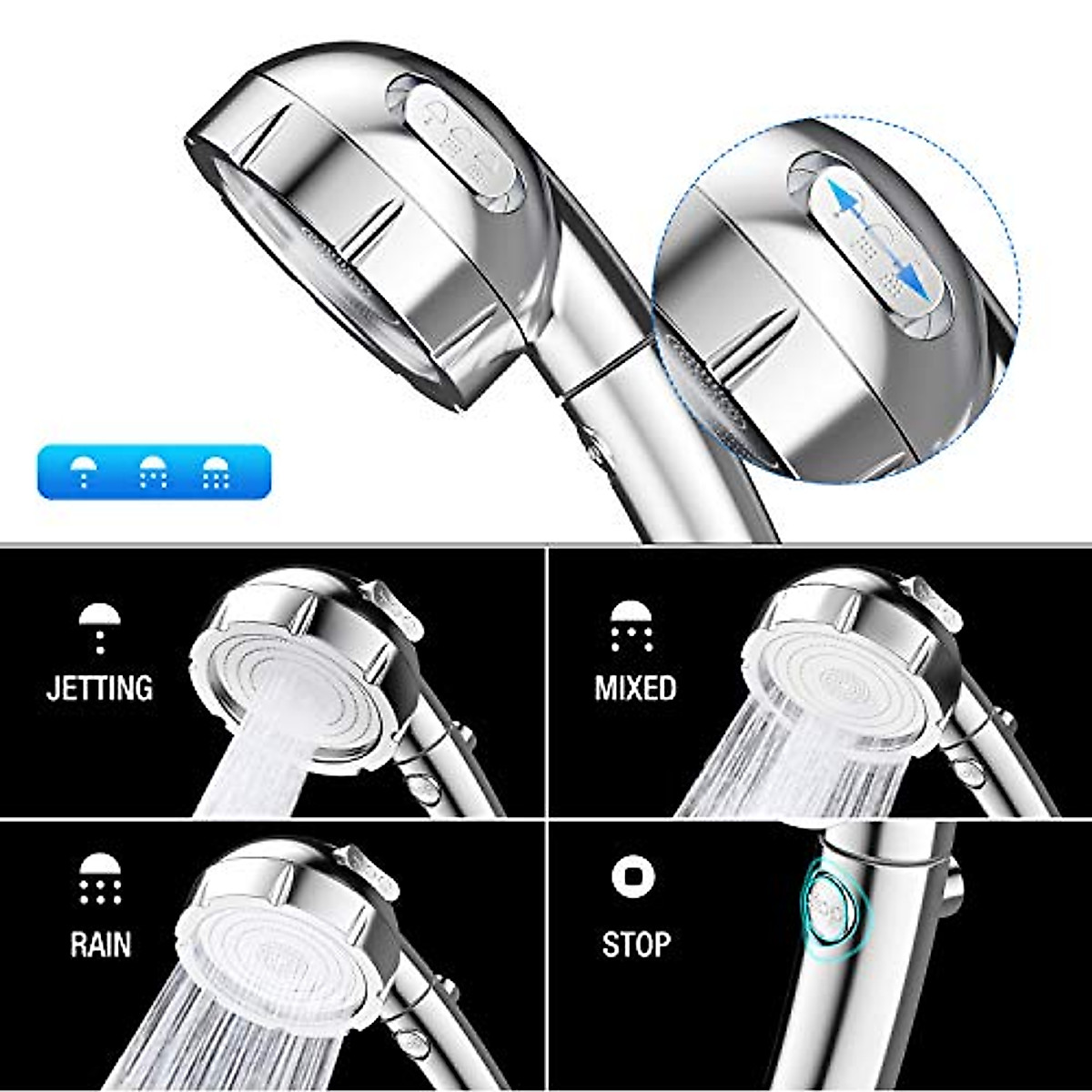 LEPO High Pressure Handheld Shower Head, 3 Spray Settings Water Saving Shower with ON/OFF Switch, Chrome Finish Bathroom Shower Head Sprayer with Holder