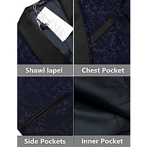 COOFANDY Men's Floral Tuxedo Suit Jacket Dinner Jacket Party Prom Wedding Blazer Jackets Navy Blue