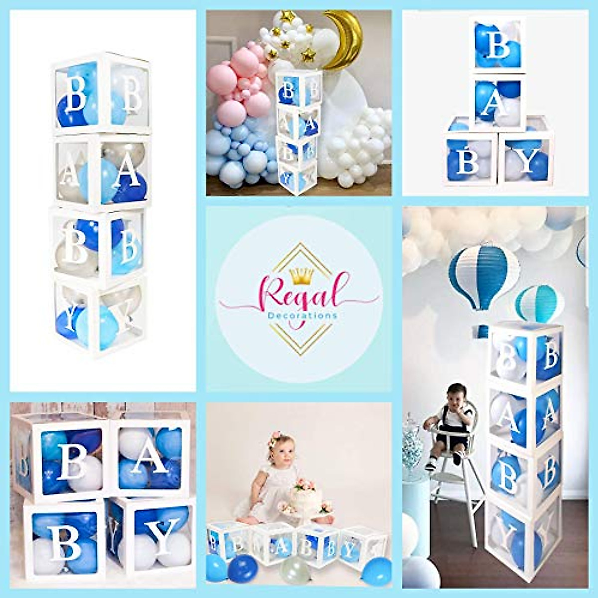 82PCS Baby Shower Decorations For Boy Kit - Jumbo Transparent Baby Block Balloon Box Includes BABY, Alphabet Letters DYI, White Gray Baby Blue Balloons, Gender Reveal Decor 1st Birthday Party Backdrop