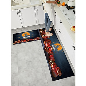 ROTORS Halloween Kitchen Rugs Set of 2 Pieces,Pumpkin Scarecrow Non Slip Kitchen Mat Halloween Fall Home Decoration, Comfort AntiFatigue Kitchen Floor Mat