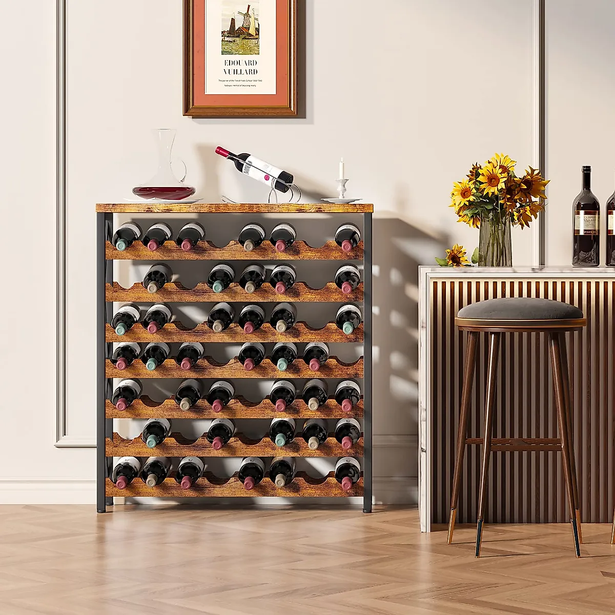 Homeiju 56-Bottle Freestanding Wine Rack, Wooden Wine Rack Storage Shelf, Stackable Wine Bottle Rack with Tabletop for Living Room,Kitchen or Wine Cellar