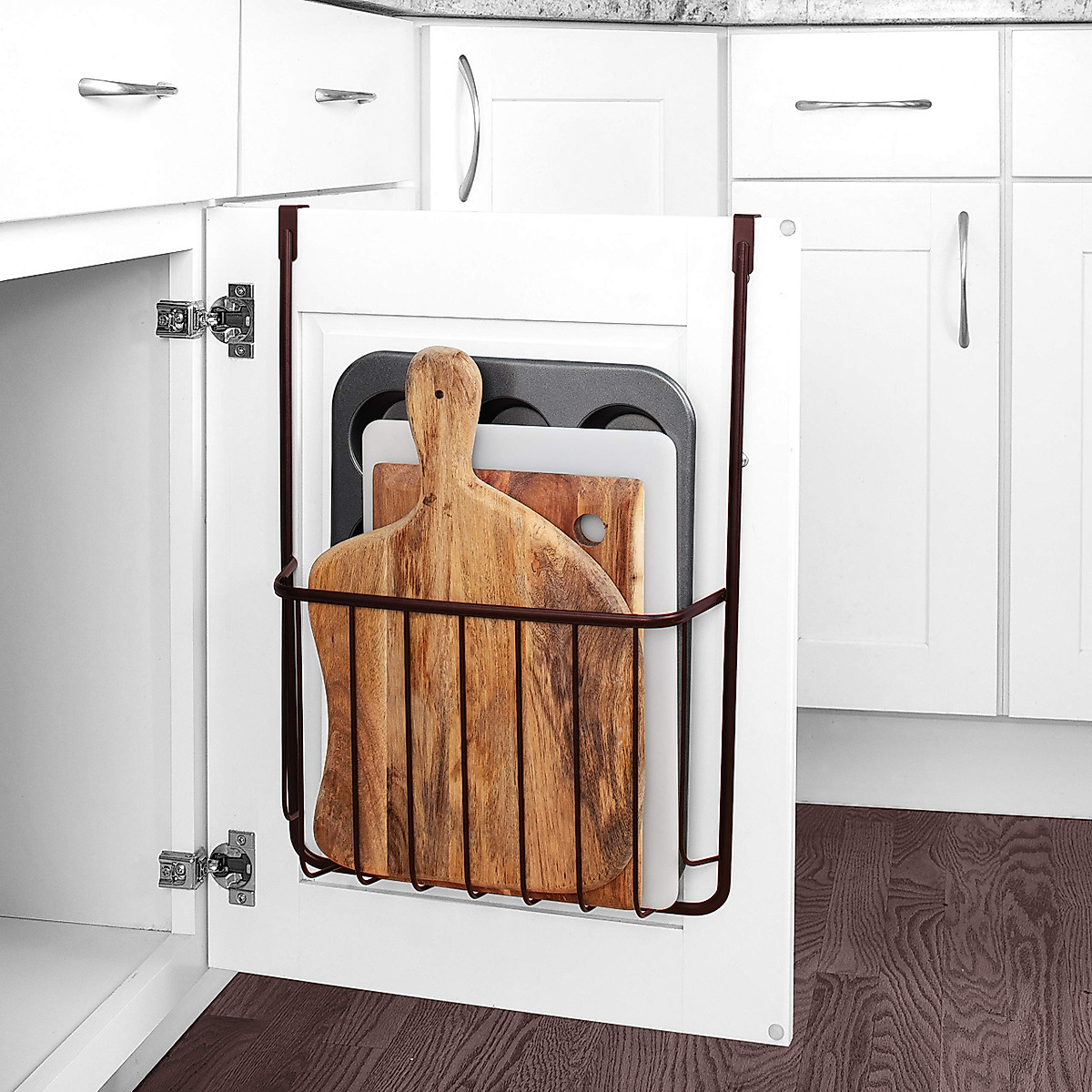 Spectrum Diversified Ashley Board & Bakeware Holder No-Installation Cupboard Cookie Sheet, Cutting Board Organizer for Cabinet, Baking Accessory Storage, Large, Satin Nickel