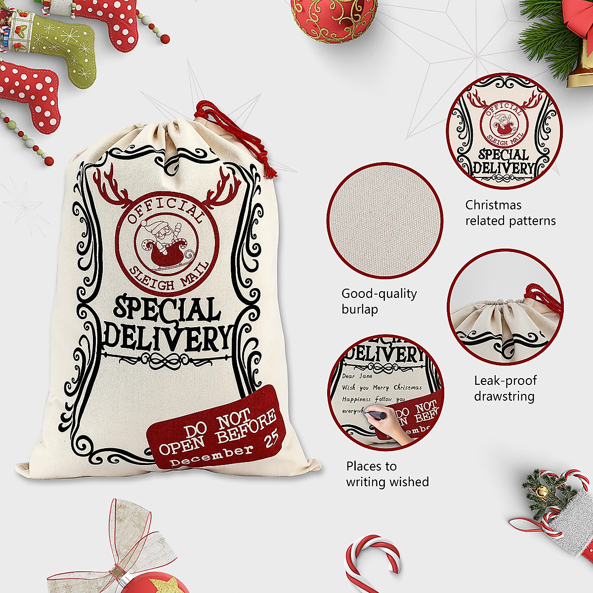 LessMo Christmas Santa Sack, Large Christmas Canvas Gift Bag with Drawstring, [Place to Write Wishes] Reusable Personalized Best Gift, for Xmas Package Storage, Christmas Party Supplies Favors