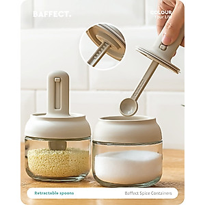 Baffect Spice Containers, Set of 3 Coffee Bar Sugar Jars with Adjustable Spoons, Glass Salt Bottles with a Tray for Kitchen Seasonings (Apricot White)