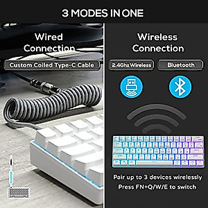 RK ROYAL KLUDGE RK61 60% Mechanical Keyboard with Coiled Cable, 2.4Ghz/Bluetooth/Wired, Wireless Bluetooth Mini Keyboard 61 Keys, RGB Hot Swappable Blue Switch Gaming Keyboard with Software - White