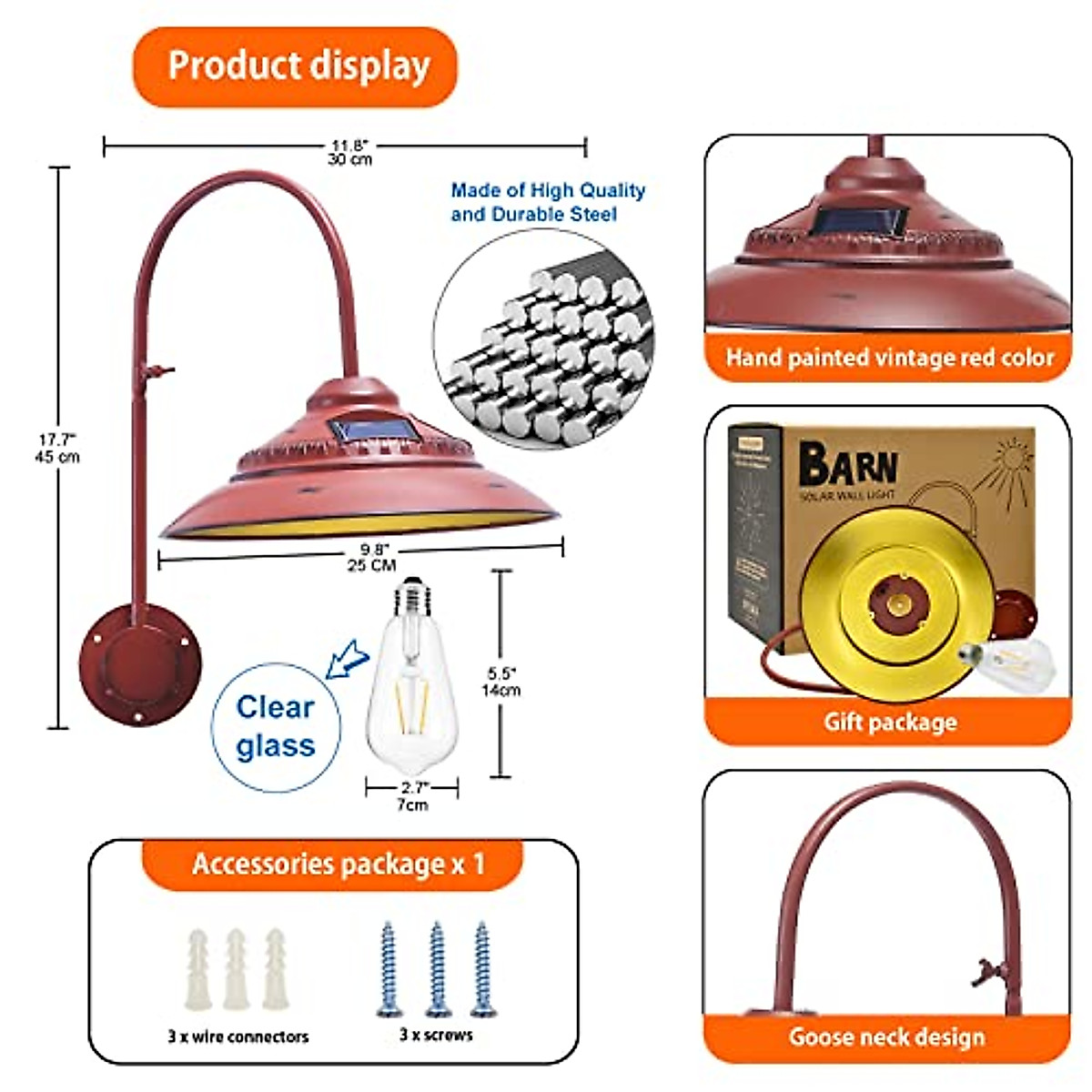 Goodeco Solar Barn Light - Waterproof Metal Solar Outdoor Lights with Clear Glass LED Edison Bulbs,No Wiring Required,House Warming Gifts, Perfect Wall Lights for Patio/Path/Porch (Red)