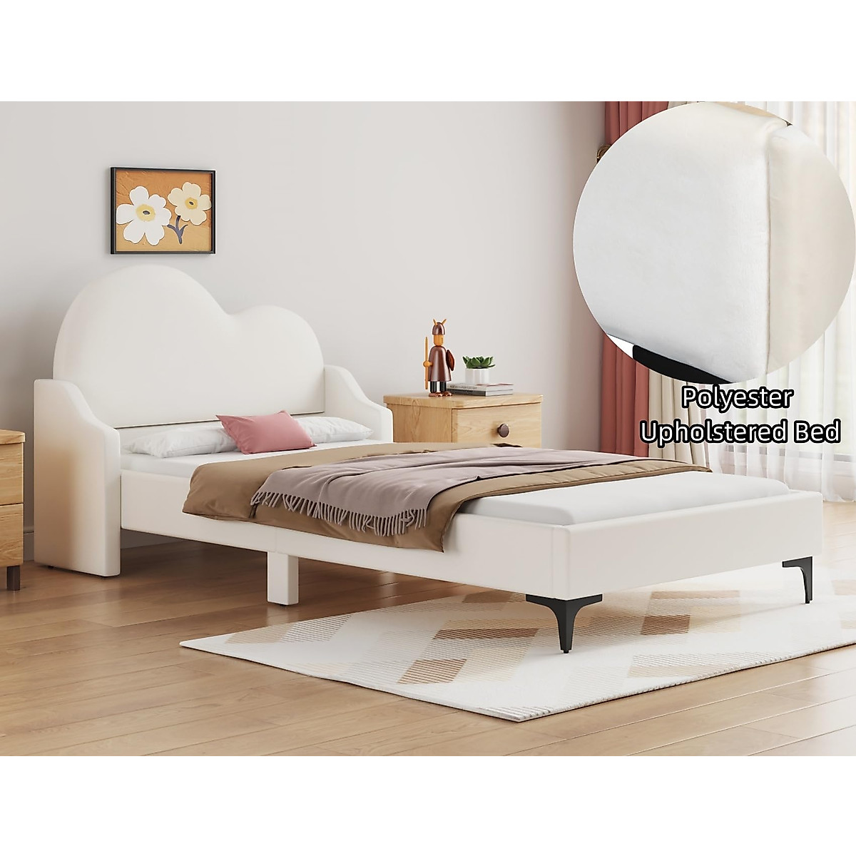 Merax Twin Bed Frames for Kids, Platform with Cloud- Shaped Upholstered Headboard, Beige