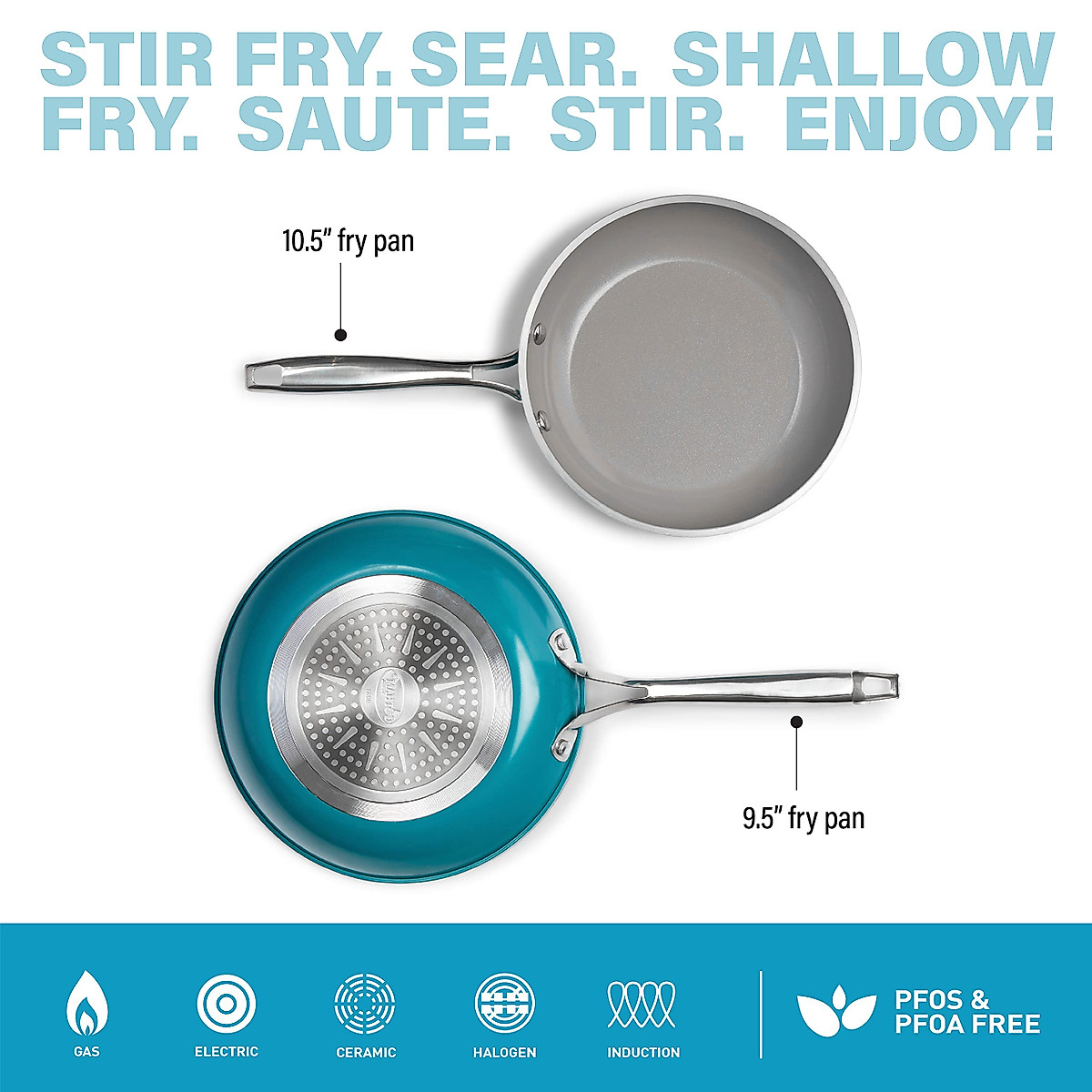 Gotham Steel Aqua Blue Nonstick Frying Pan Set, 2 Piece Non Stick Skillet Set, 8.5” & 9.5” Ceramic Nonstick Frying Pans for Cooking, Cooking Pans with Stay Cool Handles - Dishwasher Safe, Oven Safe