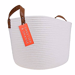 Sweetzer & Orange Large Woven Cotton Rope Storage Basket (Vegan Handles) - Blanket Storage Baskets, Laundry Basket, Toy Storage, Nursery Hamper - Decorative Off White Basket for Living Room