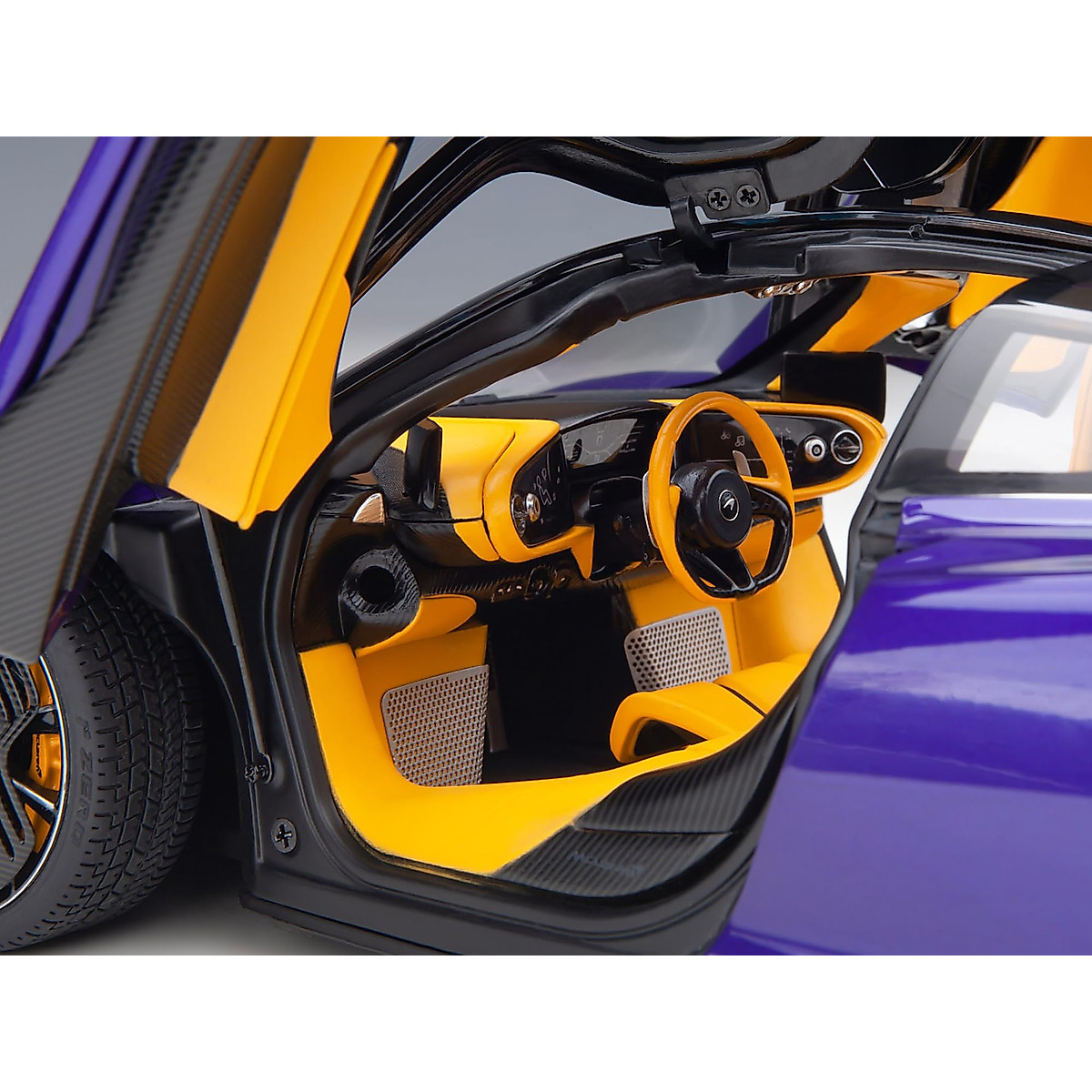 McLaren Speedtail Lantana Purple Metallic with Black Top and Yellow Interior and Suitcase Accessories 1/18 Model Car by Autoart 76089