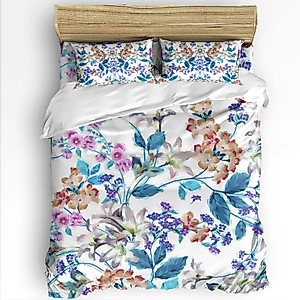 Colorful Fall Floral Duvet Cover Set Full Size, Microfiber Soft Comforter Quilt Duvet, Patterned Bed Duvet+Cover with Flat Sheet, Pillowcases, Zipper Closure Bedding, Abstract Rainbow Leaves Flower