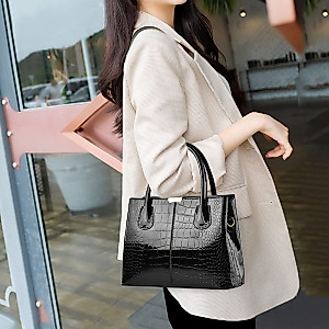 XingChen Handbag and Purse for Women Patent Leather Shoulder Bag Crocodile Pattern Top-Handle Satchel Tote Wallet(Black)